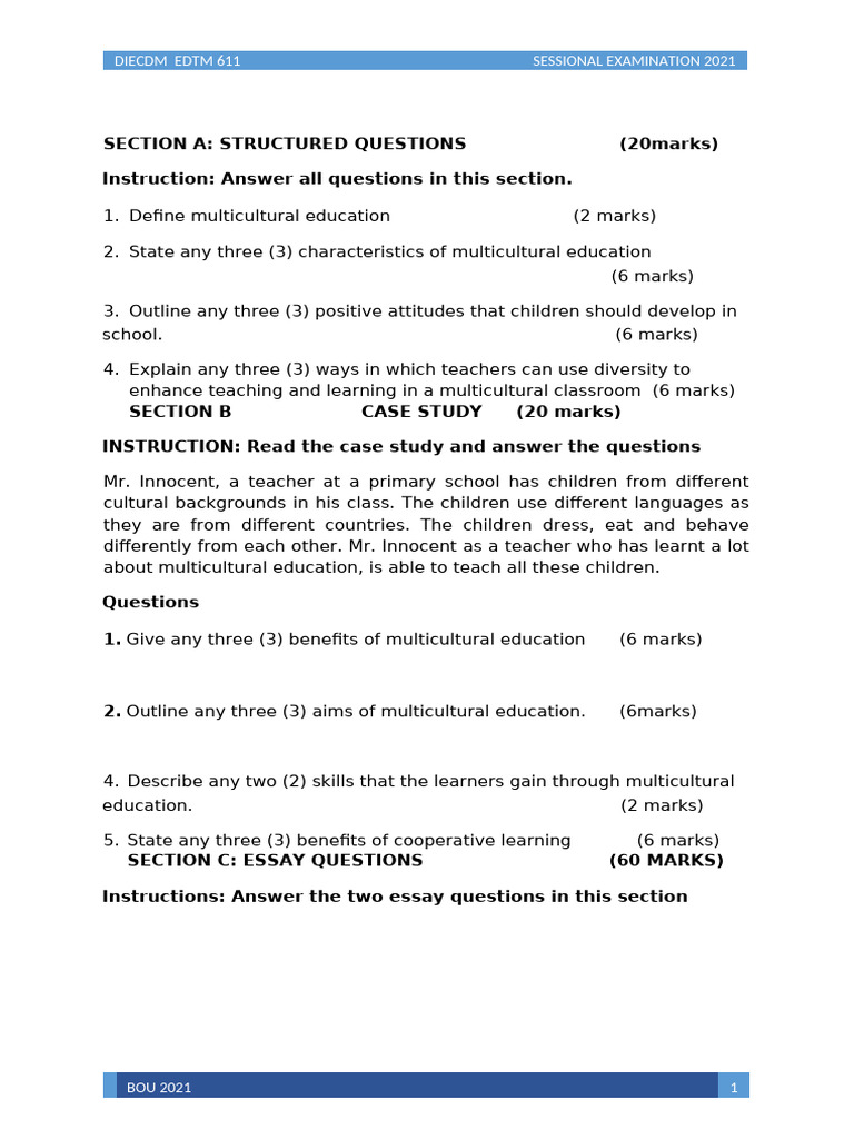 Edtm 611 Sessional Exam 2021 | PDF