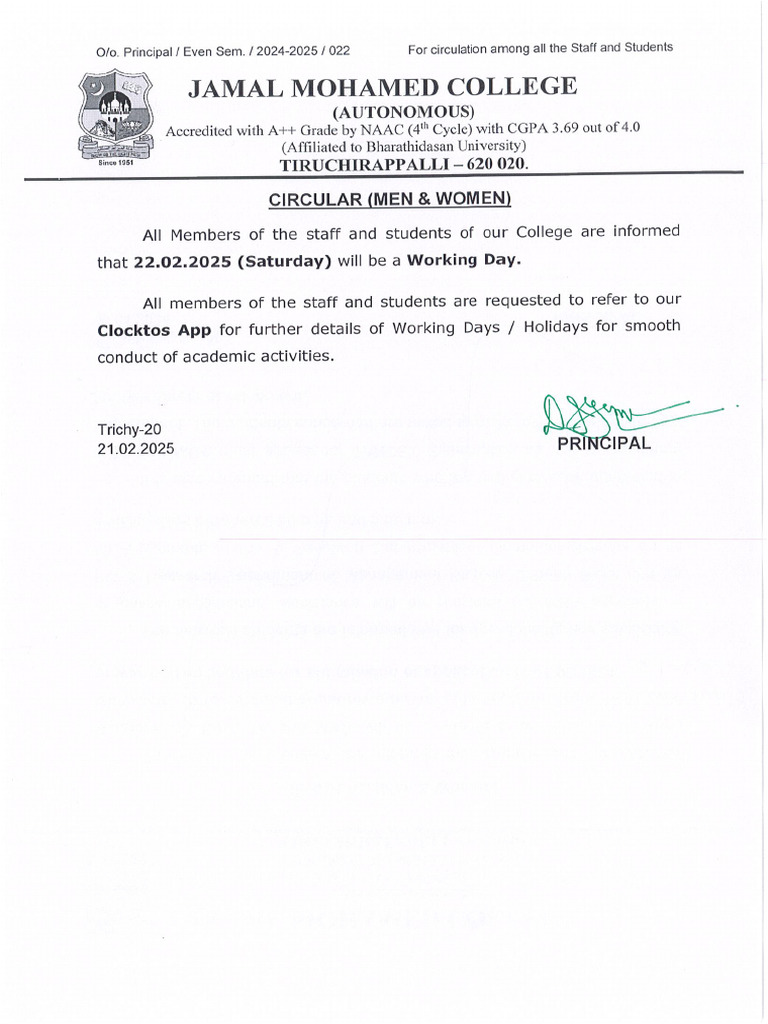 Circular No.022 (Working Day) | PDF
