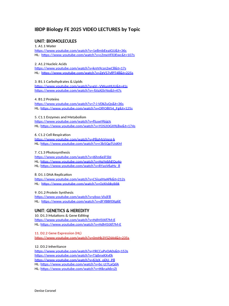 IBDP Biology FE 2025 VIDEO LECTURES | PDF