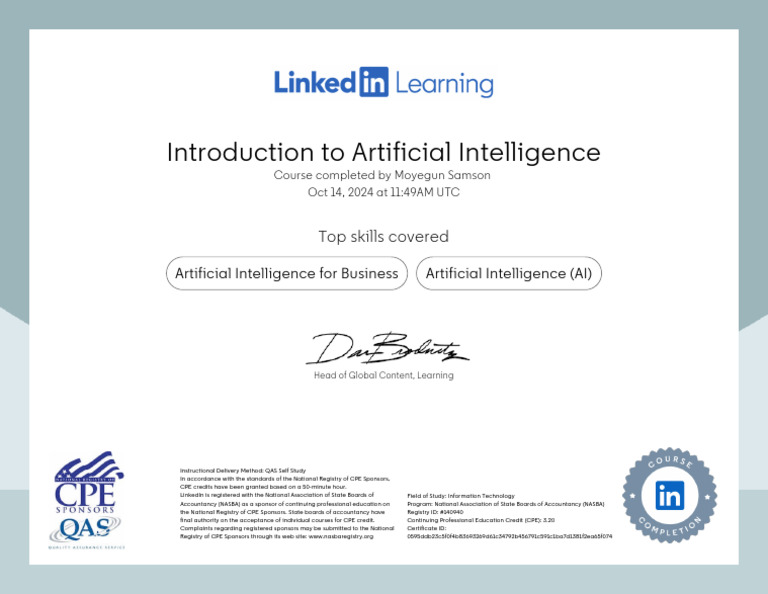 CertificateOfCompletion - Introduction To Artificial Intelligence | PDF