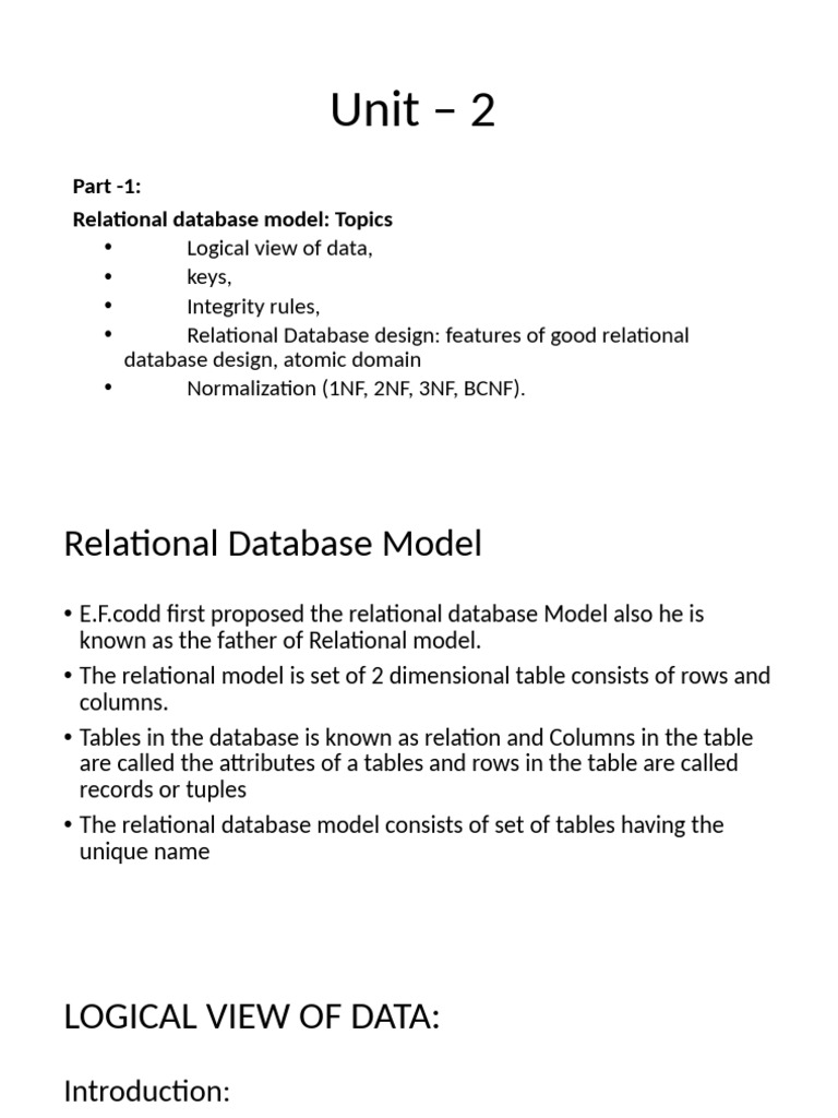 Unit-2 Relational Model & Normalization (1NF 2NF 3NF BCNF) | PDF | Relational Database ...