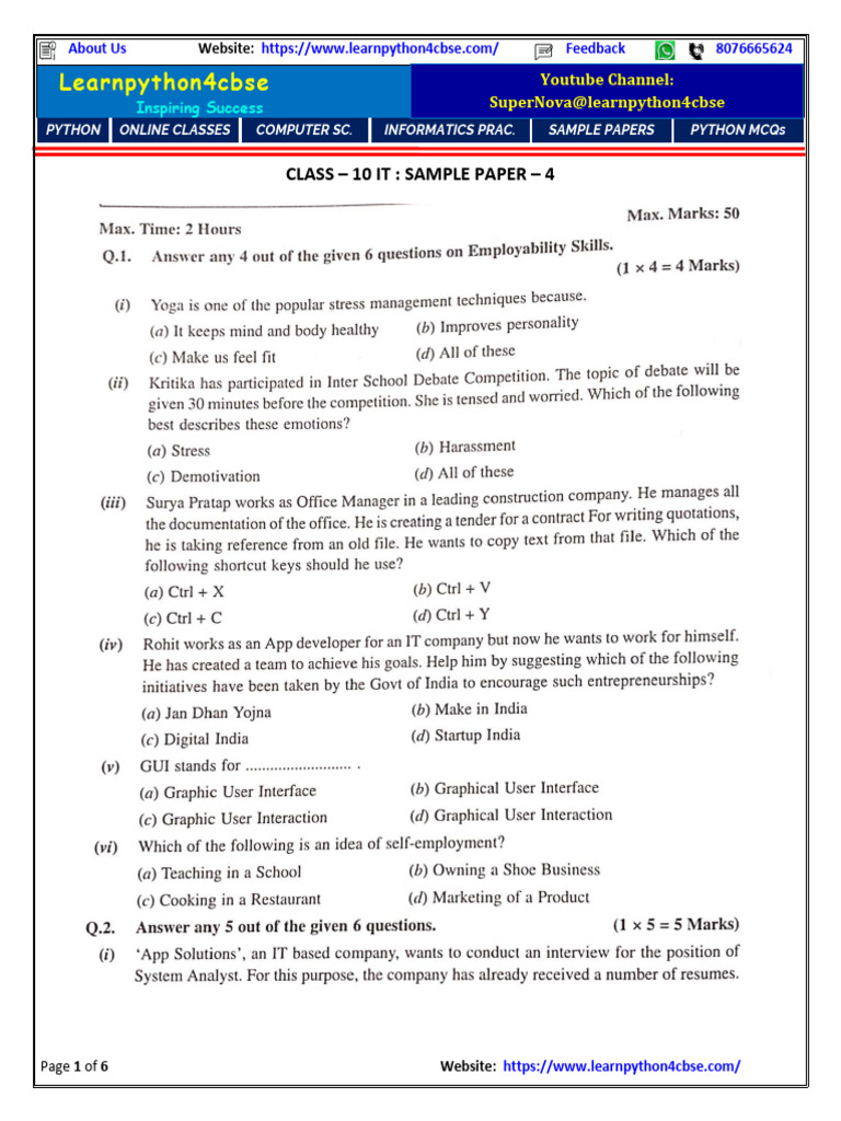 Class 10 IT Sample Paper - 4 | PDF