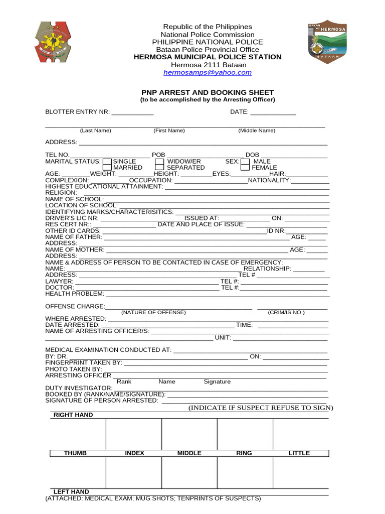 Arrest and Booking Sheet BLANK | PDF | Crimes | Crime & Violence