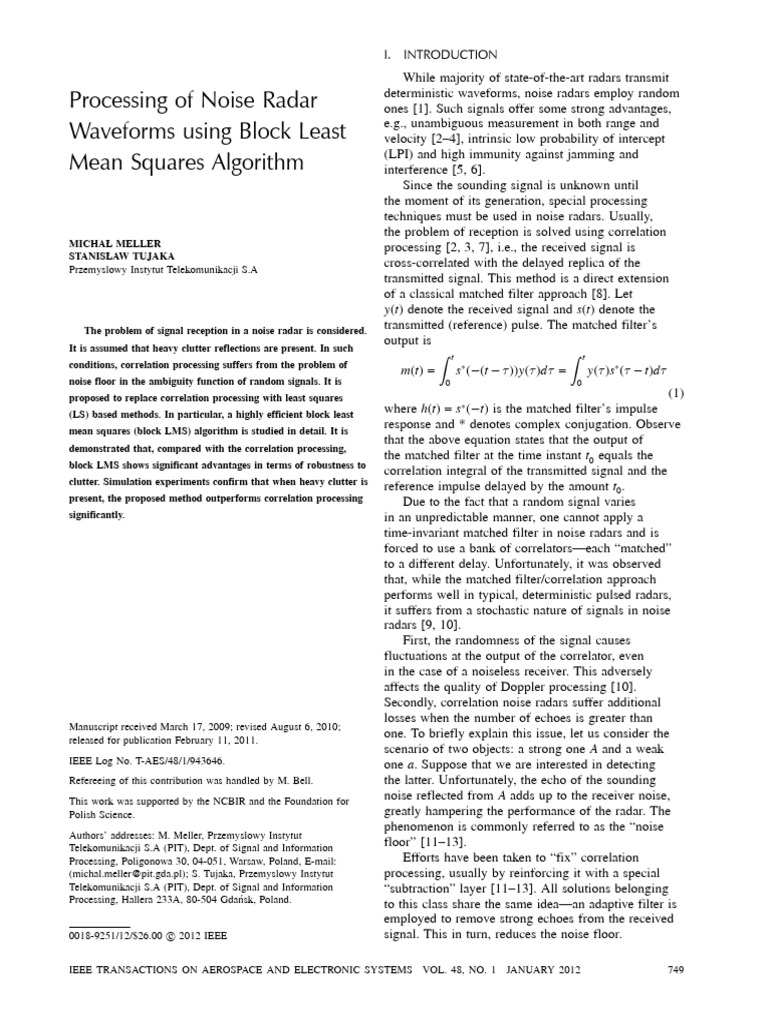 BLMS Processing of Noise Radar Waveforms Using Block Least Mean Squares Algorithm | PDF | Radar ...