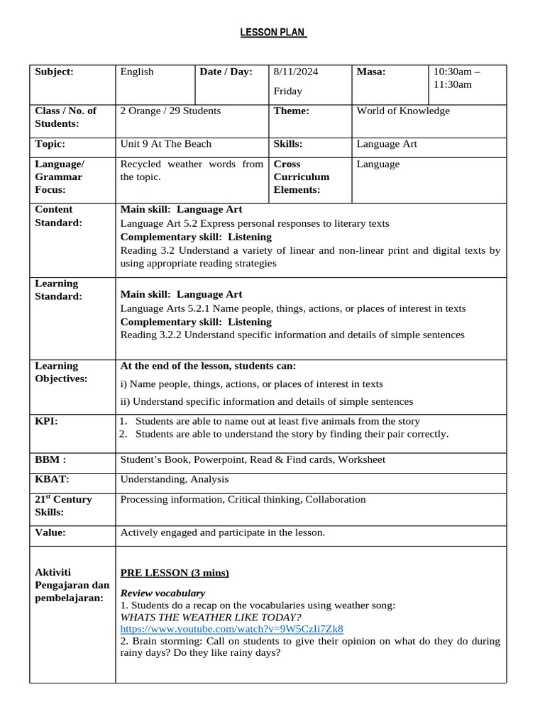 English Lesson: At The Beach | PDF | Reading Comprehension | Vocabulary