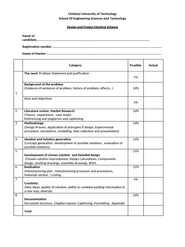 Design Projects Marking Schedule | PDF | Science | Methodology