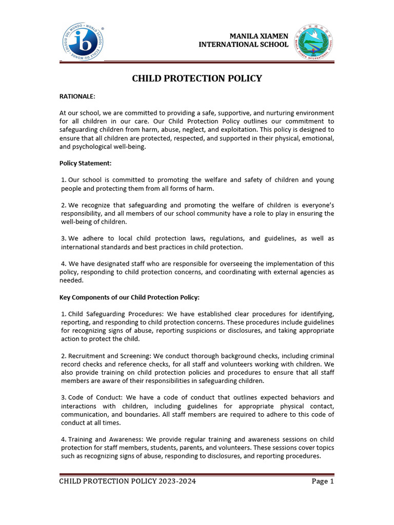 Child Protection Policy 2023-2024 | PDF | Child Protection | Social Ethics