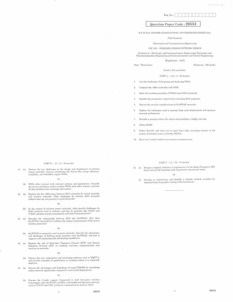 ECE 5th Semester - Wireless Sensor Network Design - CEC365 Elective 2021 Regulation - Question ...