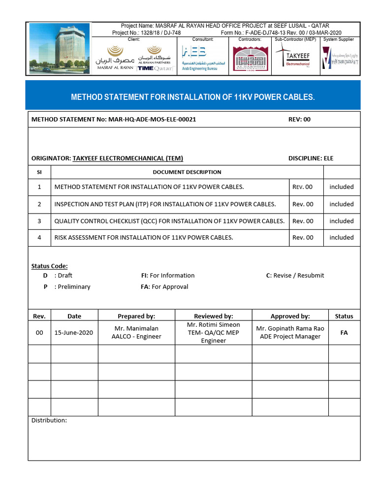 Method Statement (MOS) For Installation of 11kV Power Cable | PDF ...
