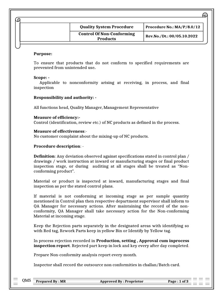 MA P 08 12 Procedure For Control of Non-Conforming Products | PDF