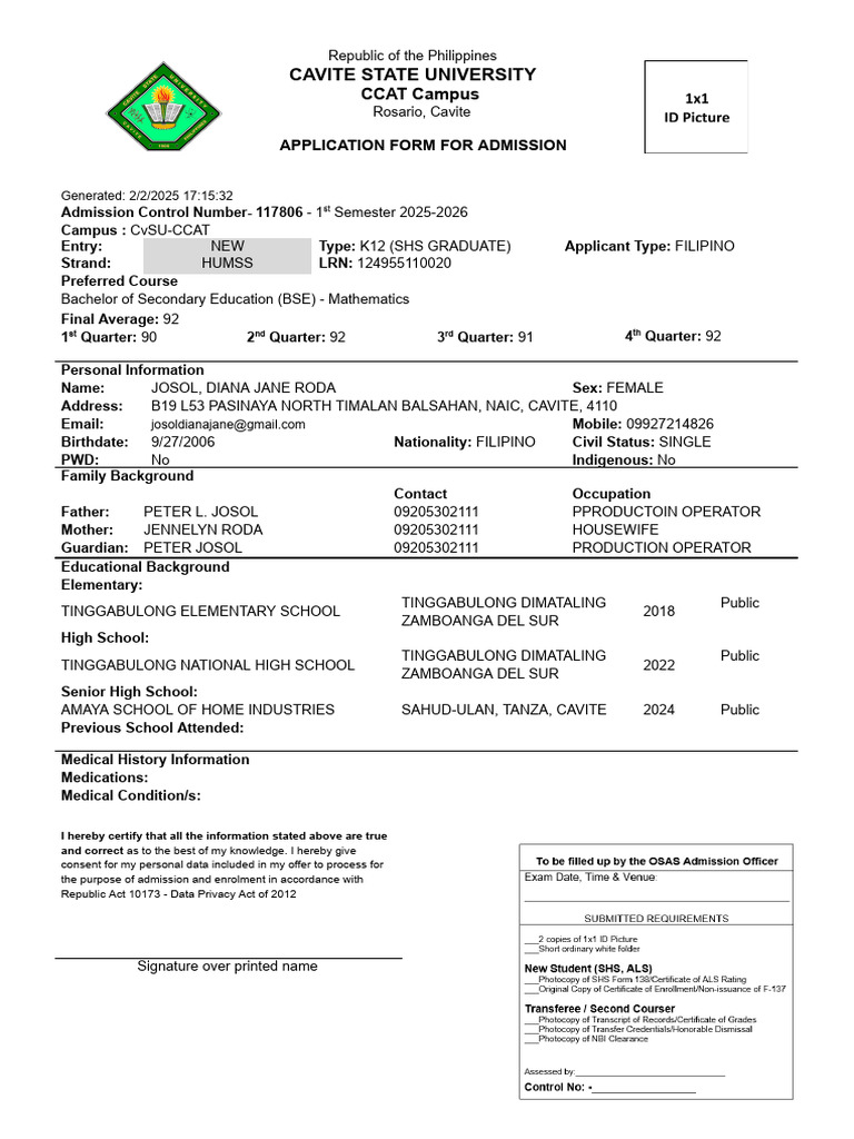 JOSOL - Admission Form | PDF | Educational Stages