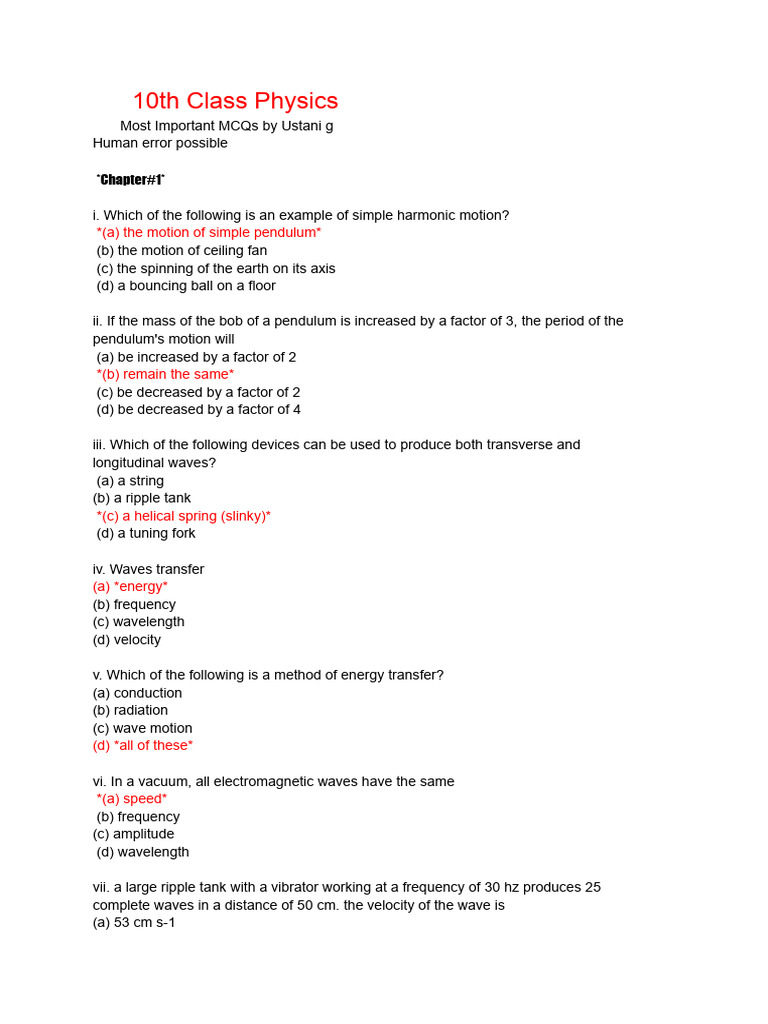 10th Class Physics Important Mcqs | PDF | Waves | Frequency