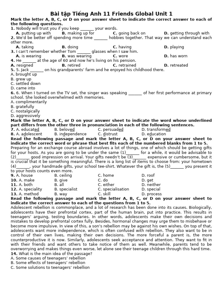 English 11 Friends Global Unit 1 Exercises | PDF | Adolescence ...