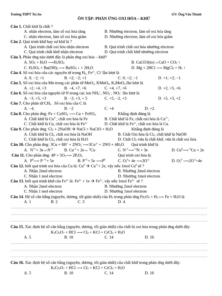 Ôn Tập - Phản Ứng OXH - Khử (CTST) - Lần 1 | PDF