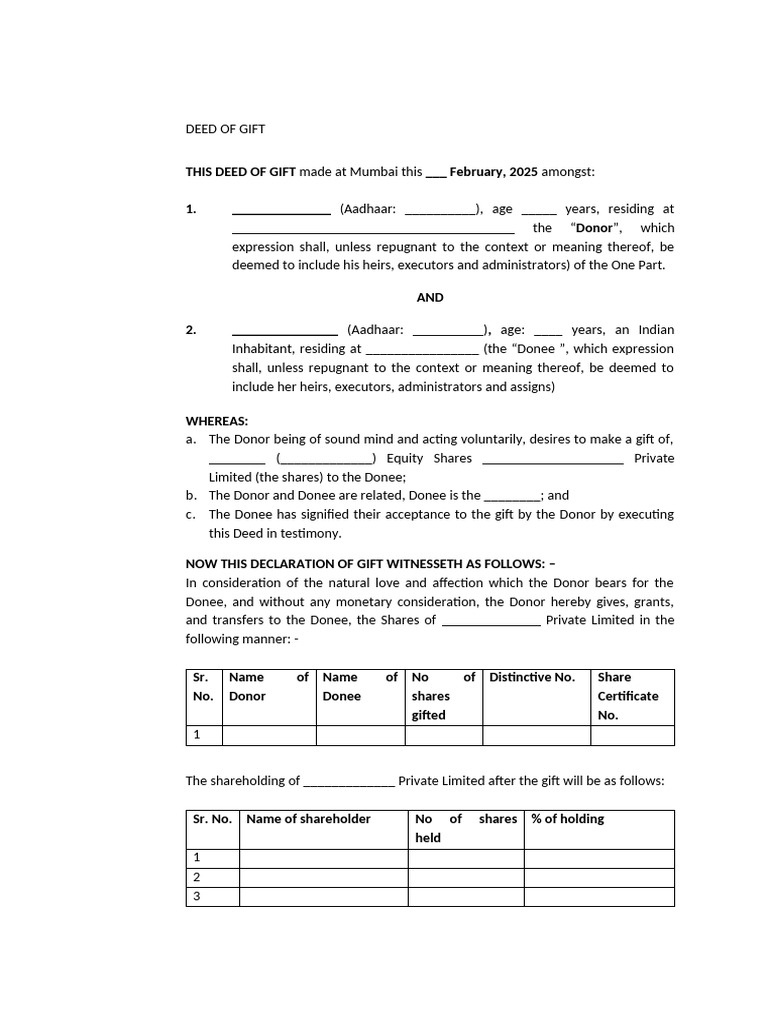 DEED OF GIFT - Shares - Draft | PDF