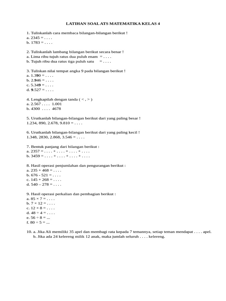 LATIHAN SOAL ATS Mtking KELAS 4 | PDF | Home | Room