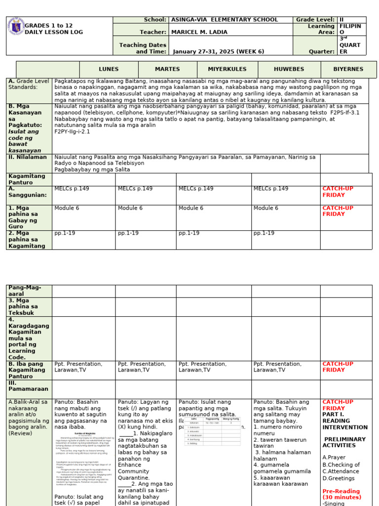 DLL - FILIPINO 2 - Q3 - W6-New | PDF
