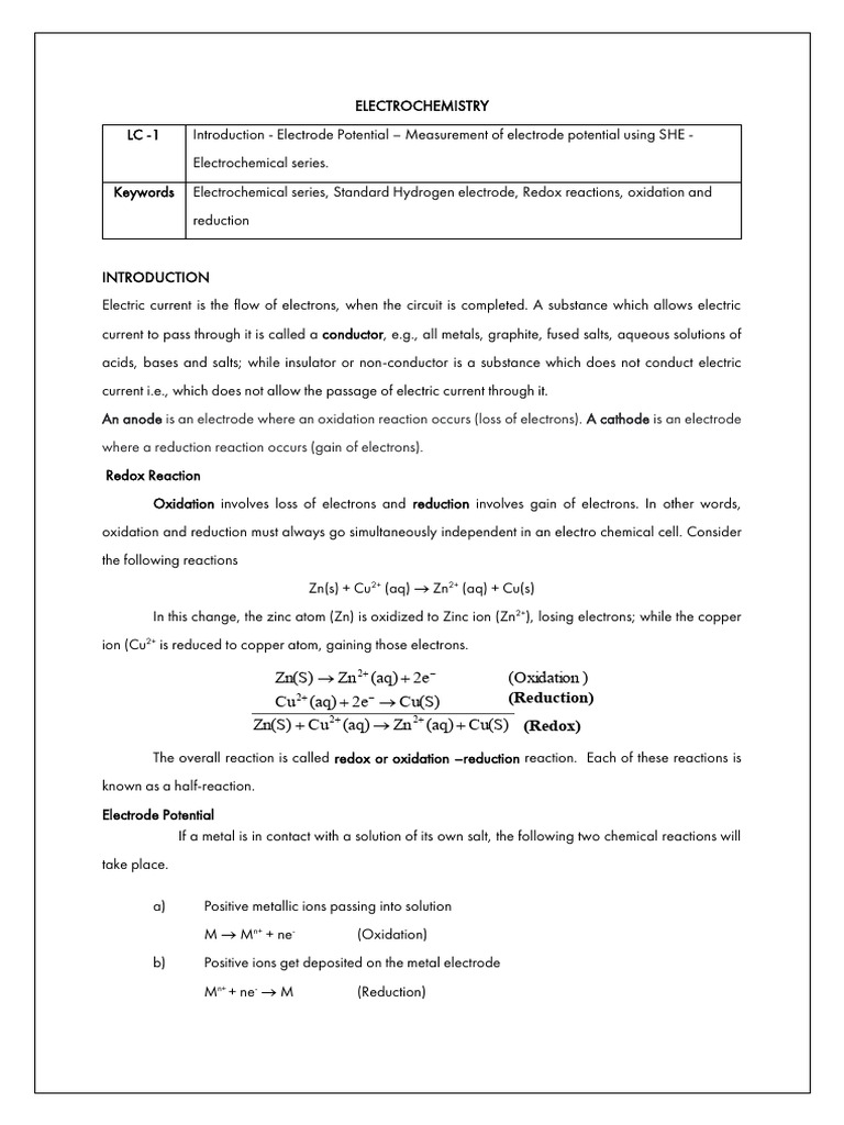 Unit 2 Electrochemistry Notes Material | PDF | Electrochemistry | Redox