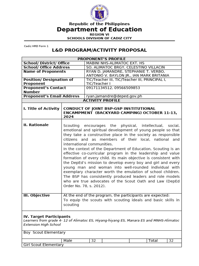 PROPOSAL FOR BSP-GSP 2024 Backyard Camping | PDF