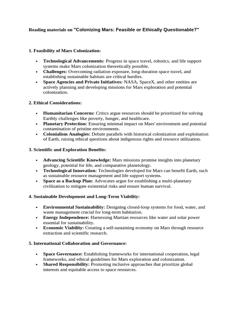 Student Reading Materials - Debate - Topic 1 | PDF | Space Colonization ...