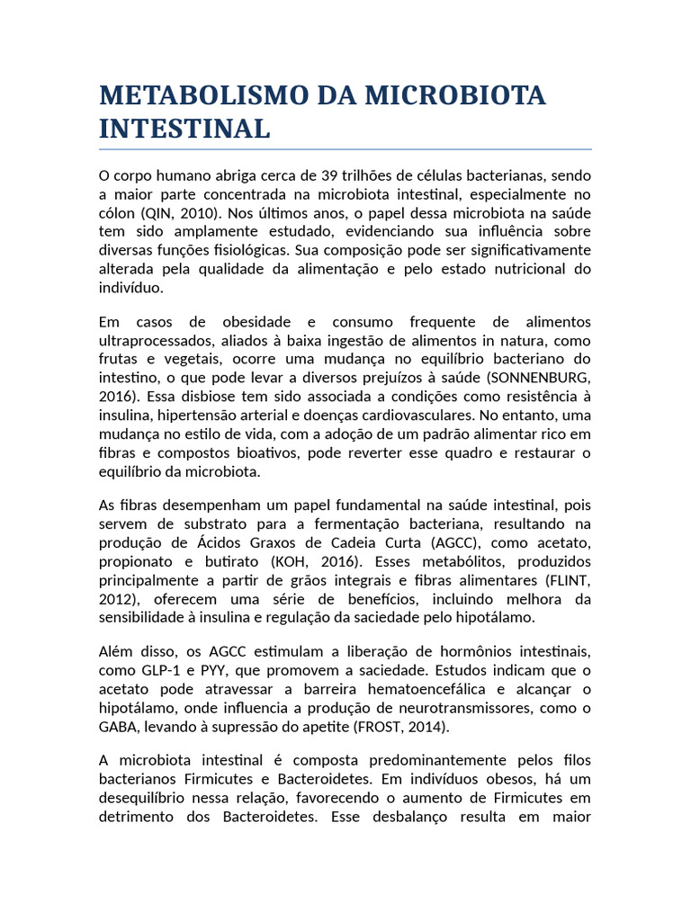 METABOLISMO DA MICROBIOTA INTESTINAL | PDF | Bactérias | Fibra alimentar