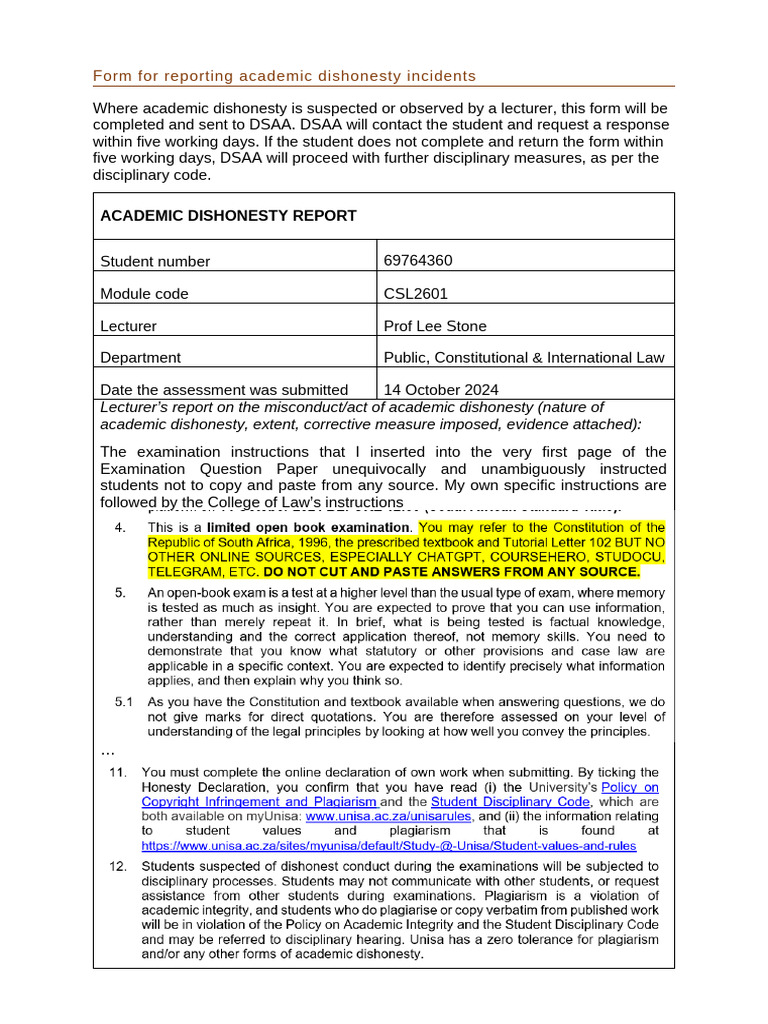 Academic Dishonesty Report Form 69764360 | PDF | Turnitin | Plagiarism