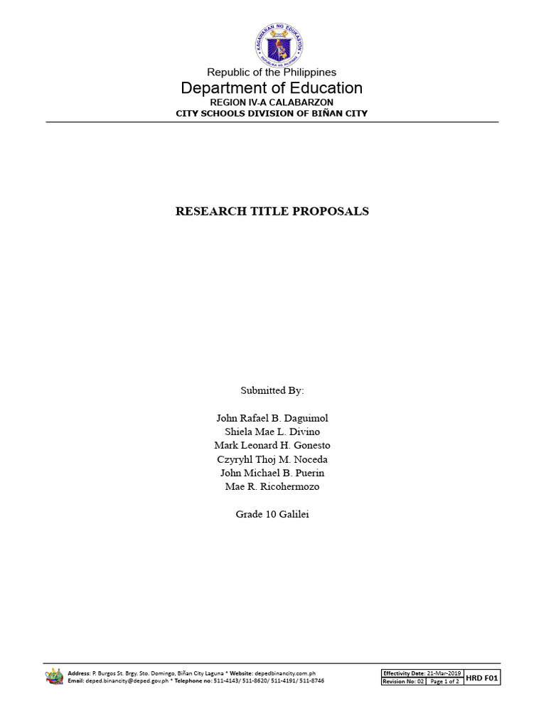 Grade 10 Research Proposals in Biñan | PDF | Bullying | Behavioural Sciences