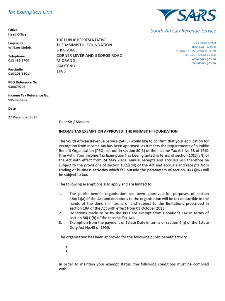 Tax Exemption Approval Letter | PDF | Taxes | Charitable Organization