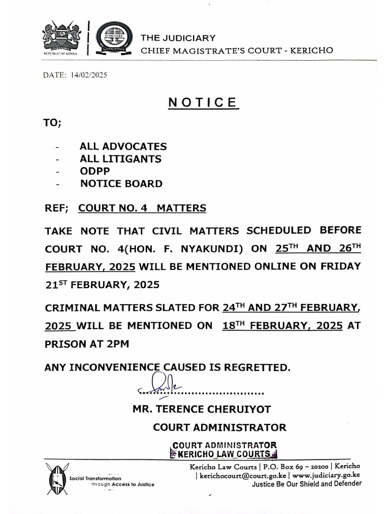 Notice - Kericho Court No. 4 | PDF