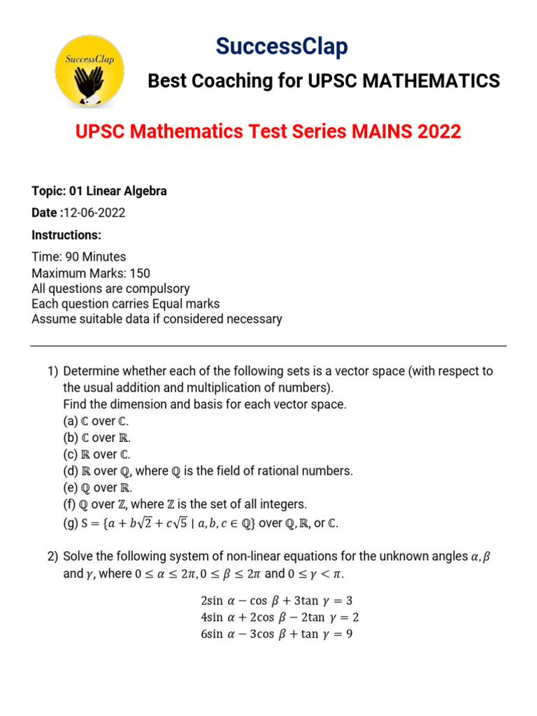 Topic 01 Linear Algebra SuccessClap | PDF | Rational Number | Complex Number