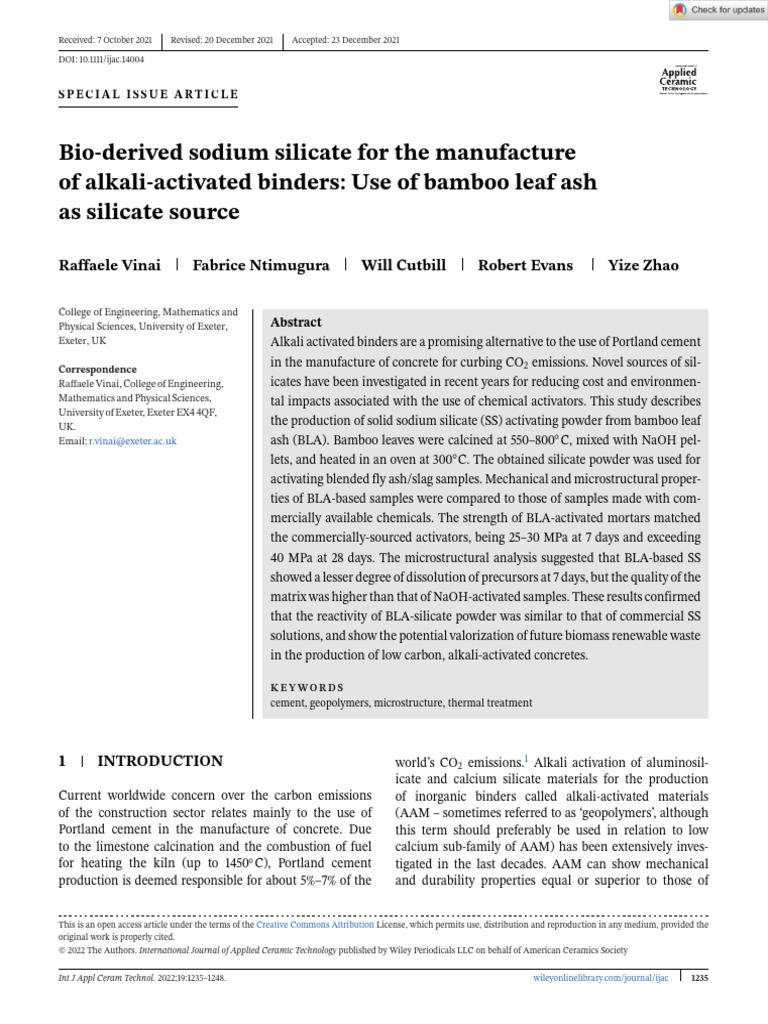 Bio Derived Sodium Silicate For The Manufacture of Alkali Activated ...