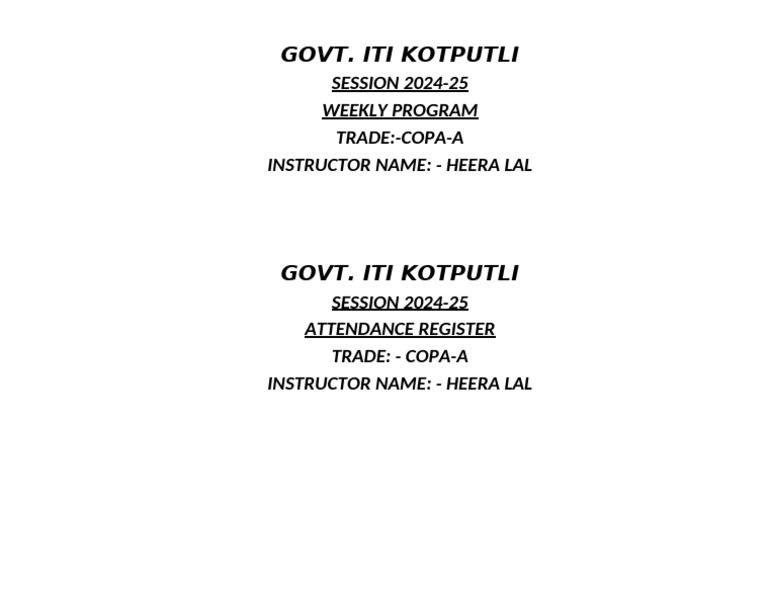 Govt. Iti Kotputli: SESSION 2024-25 Weekly Program Trade:-Copa-A Instructor Name: - Heera Lal | PDF