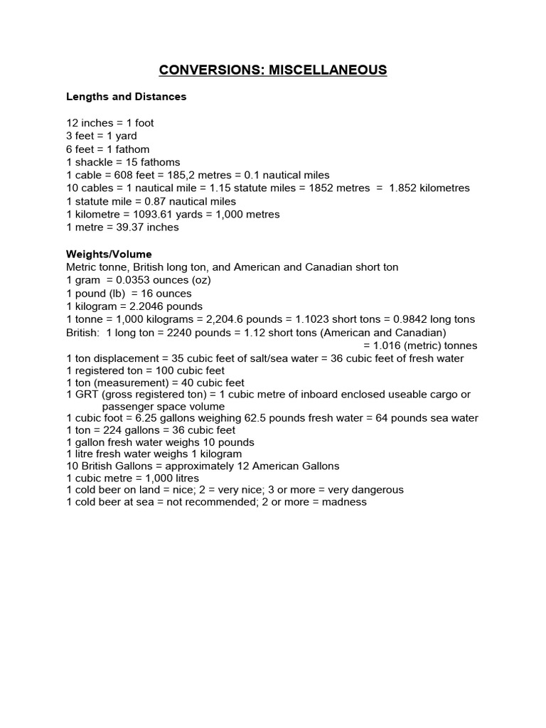 Miscellaneous Conversions Table RYA | PDF