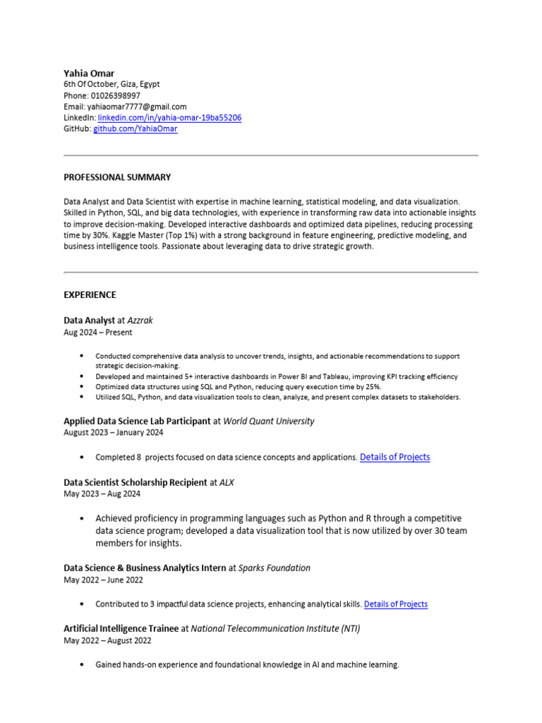 Yahia Omar Data Analyst CV | PDF | Data Science | Data