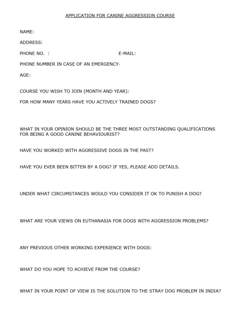 Canine Aggression Course Application Form | PDF