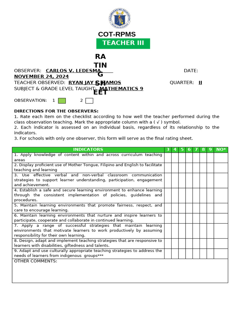 Rjfr Cot1 Rpms Rating Sheet | PDF