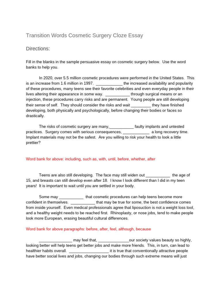 Transition Words Cosmetic Surgery Cloze Essay Information Gap ...