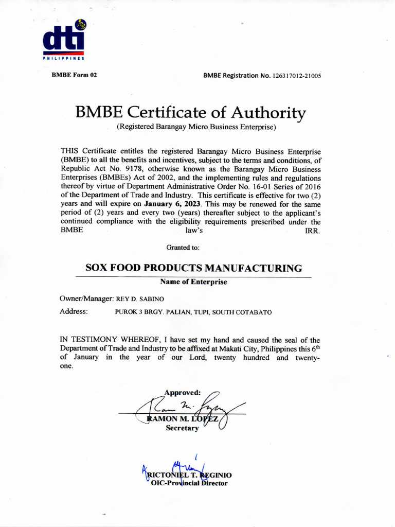 DTI BMBE Certificate of Authority - 06jan2023 | PDF