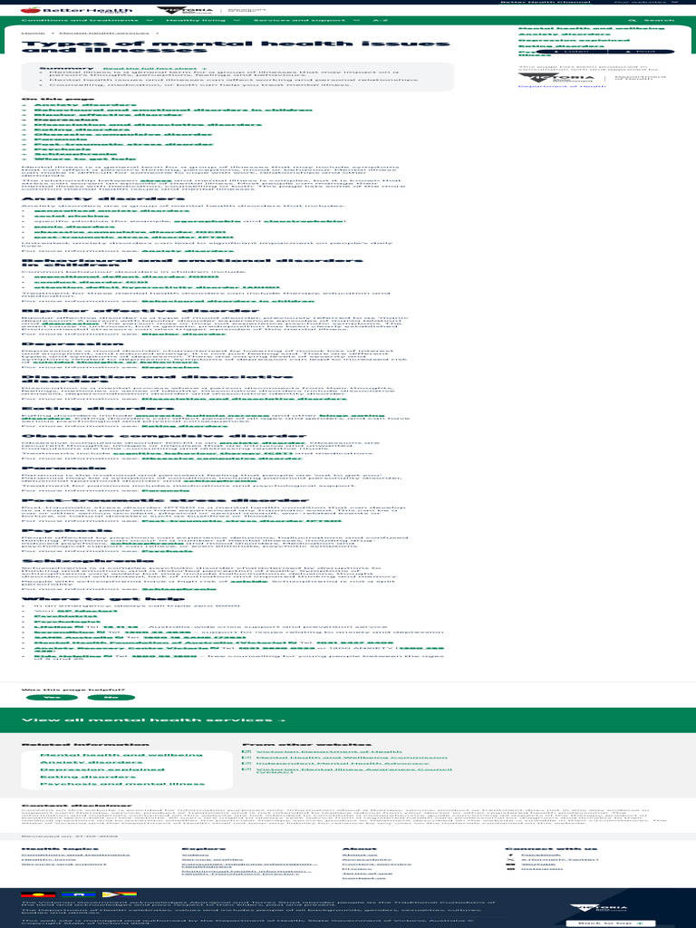 Types of Mental Health Issues and Illnesses Better Health Channel | PDF ...