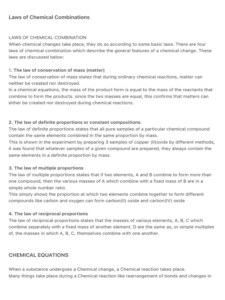 Laws of Chemical Combinations | PDF | Chemical Substances | Chemical ...