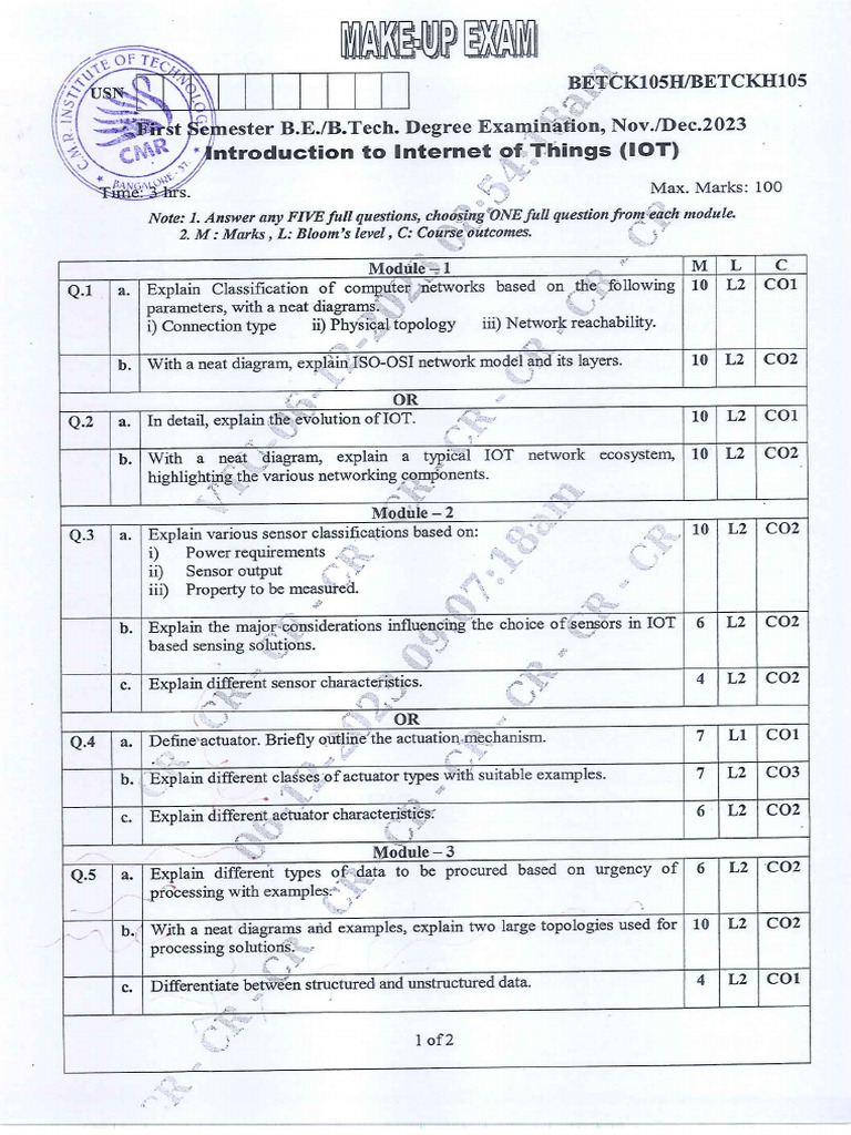 Make-Up VTU Question Paper of BETCK105H Introduction To Internet of Things (IoT) Nov-Dec-2023 | PDF