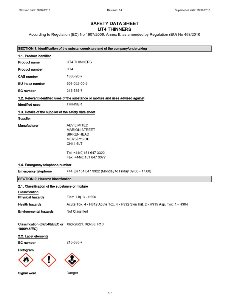UT4 Thinners Safety Data Sheet | PDF | Dangerous Goods | Toxicity