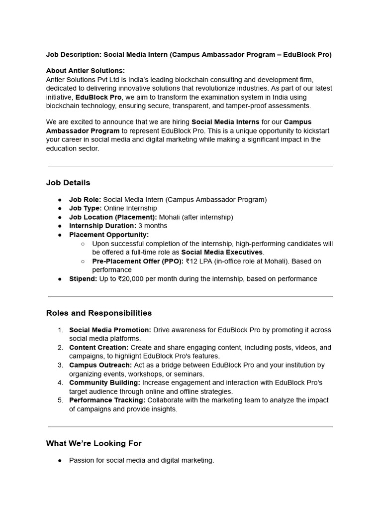 Job Description - Social Media Intern | PDF | Internship | Job Hunting