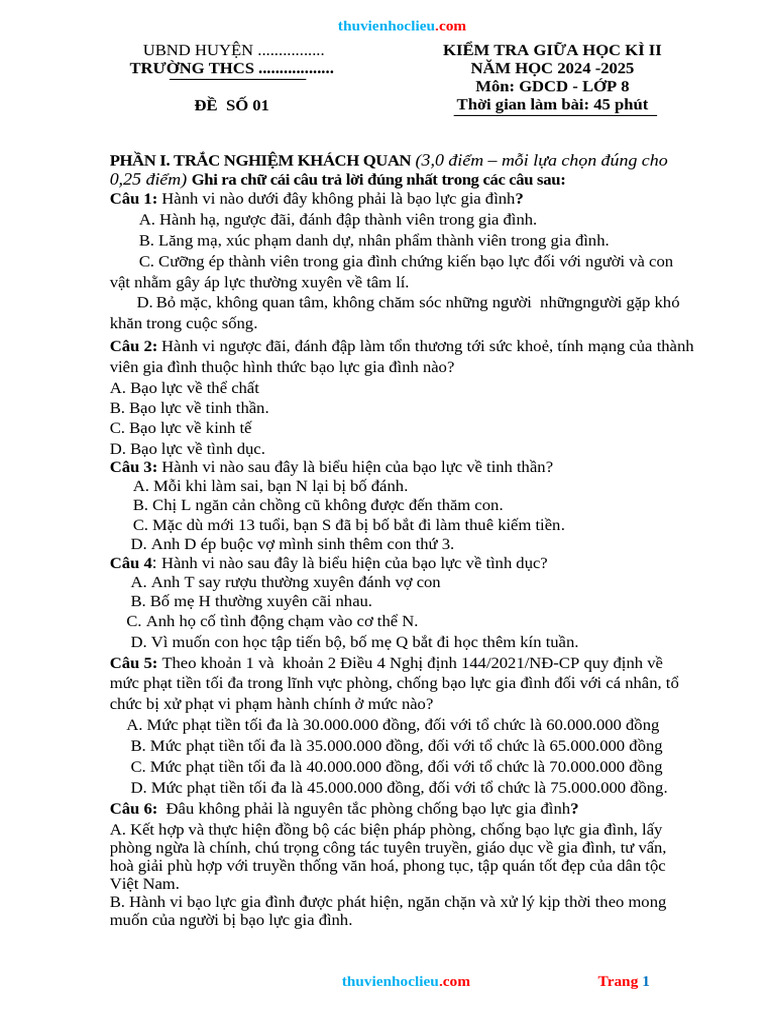 Bo de Kiem Tra Giua HK2 GDCD 8 Nam 24 25 | PDF