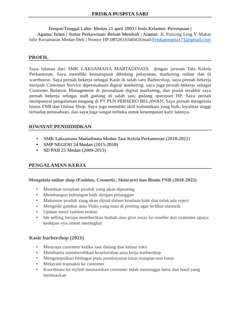 Lamaran Kerja Friska Puspita Sari | PDF