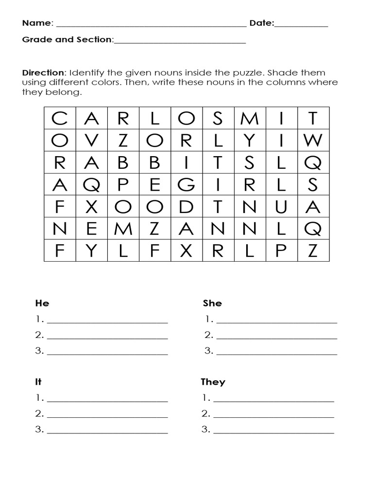 Noun Puzzle Activity Worksheet | PDF