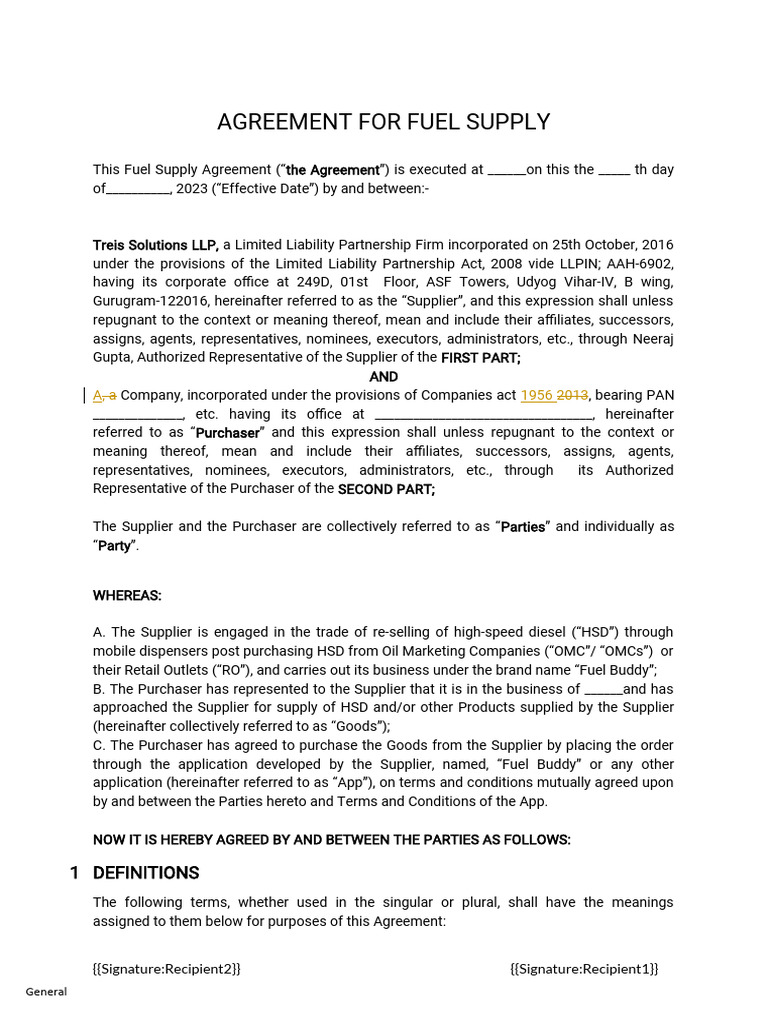 Agreement For Fuel Supply - Test 1 - Fuel Buddy. | PDF | Arbitration ...