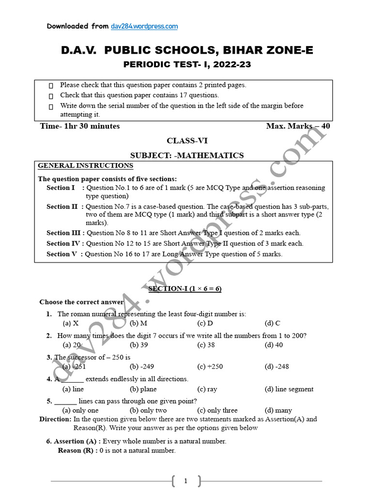 DAV Class 6 Maths Periodic Test Paper | PDF | Solubility | Diet (Nutrition)