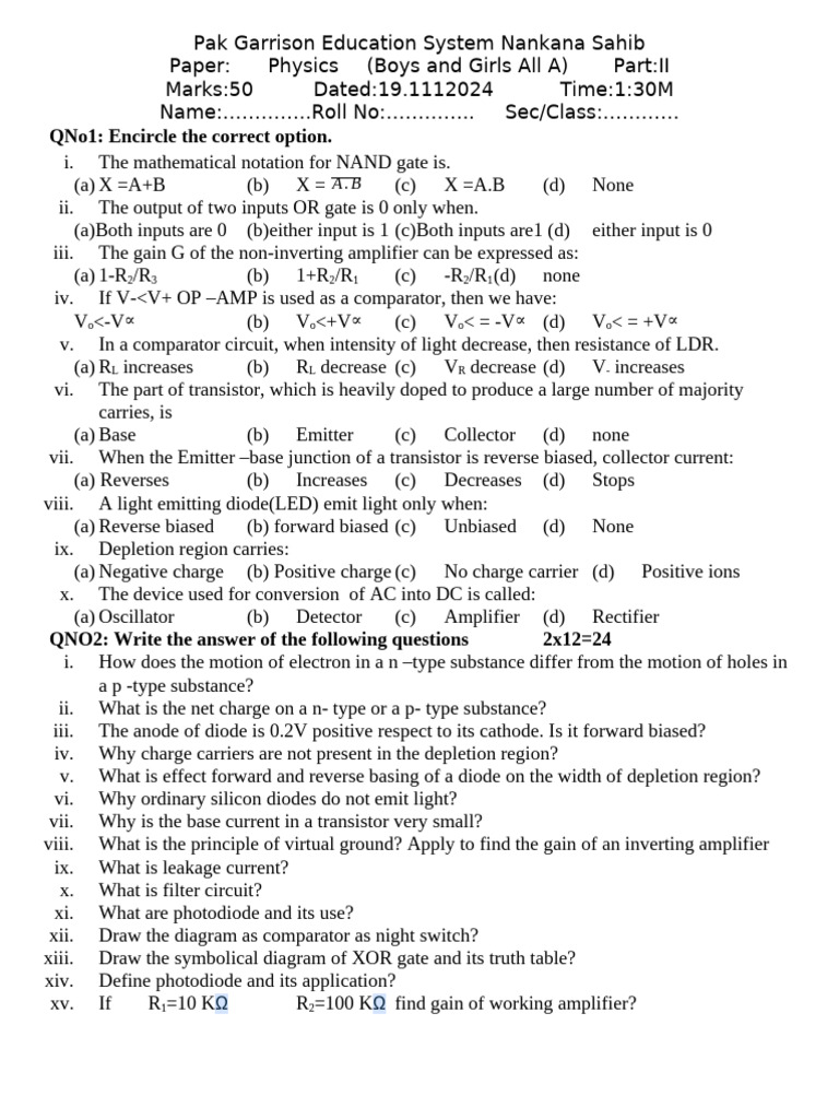 Paper Physics 2nd Year a Group (Boys and Girls All) 19.11.24 by Ahsan ...