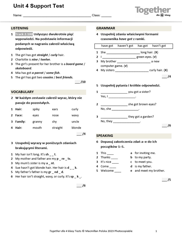 Unit 4 Support Test for 4th Grade | PDF